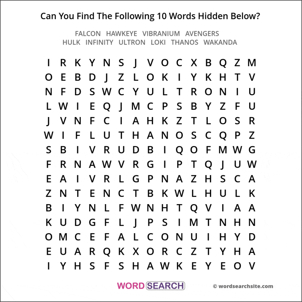 Marvel Word Search - Falcon, Hawkeye, Vibranium, Avengers, Hulk ...