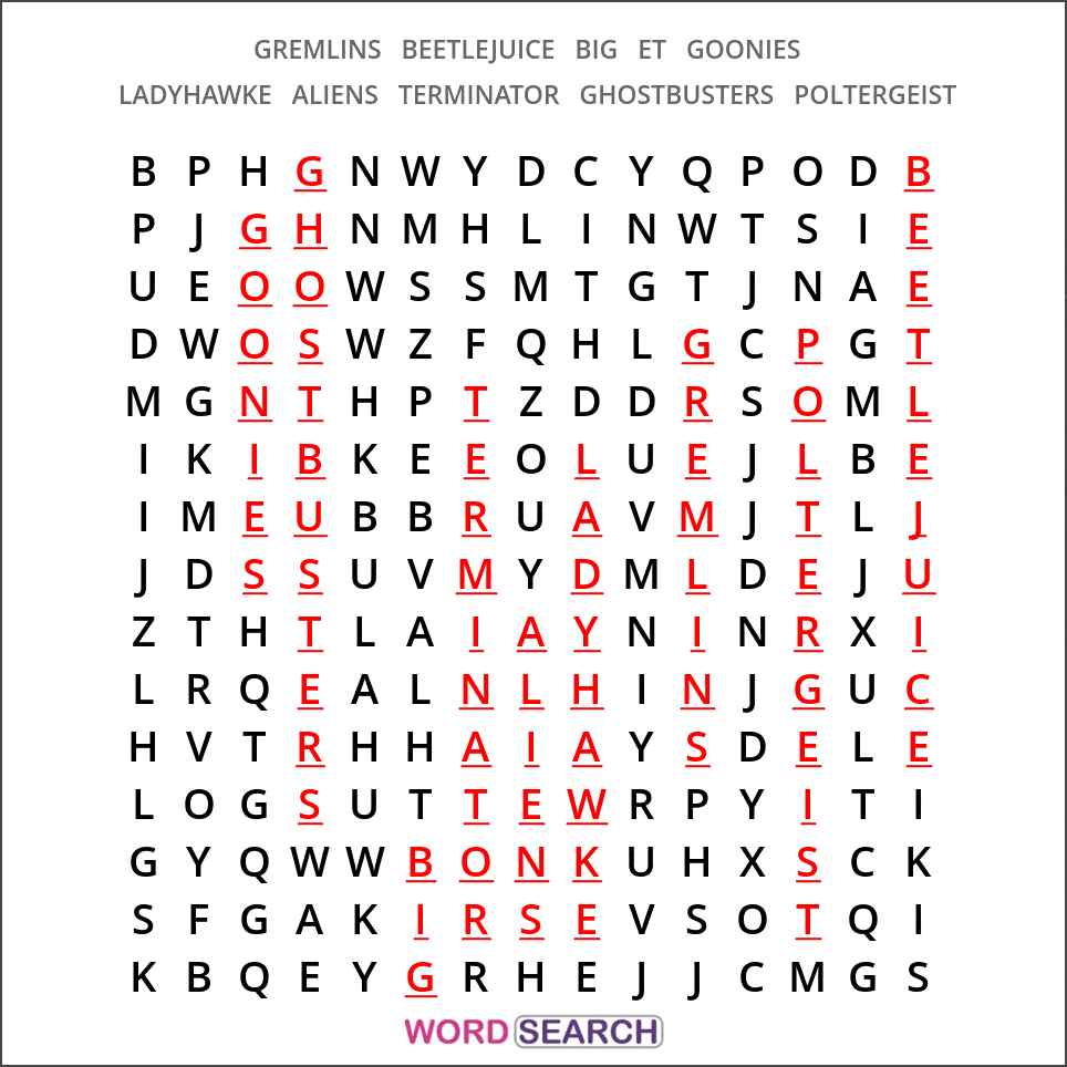 80s Movie Word Search - Beetlejuice, Poltergeist, Goonies, E.T ...